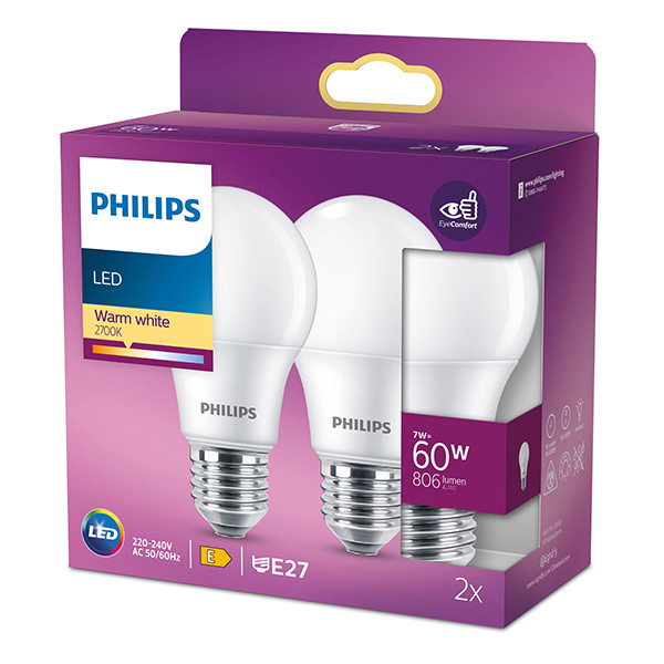 Philips LED lamp E27 | Peer A60 | Mat | 2700K | 7W (60W) | 2 stuks Philips 123led.nl